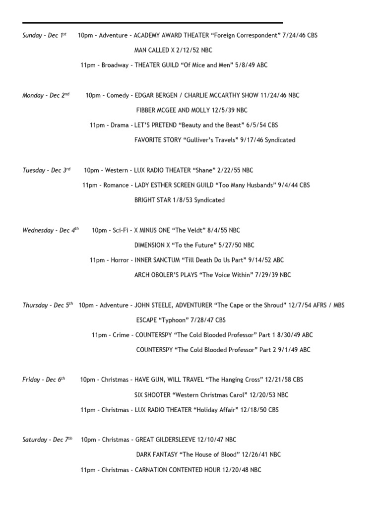 December 2024 Radio Show Schedule | PDF | Nbc | Cbs