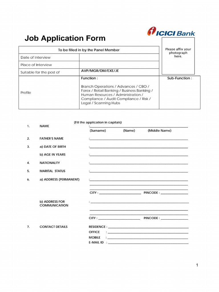 Job Application Form - ICIC BANK | PDF