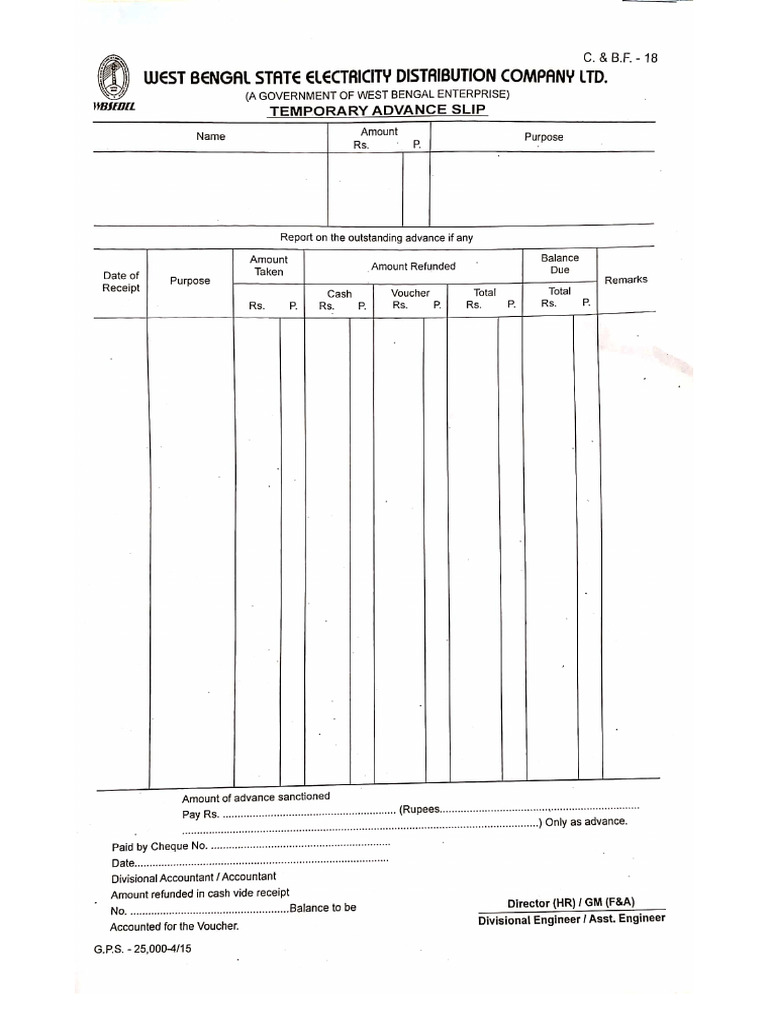 Temporary Advance Form - WBSEDCL | PDF