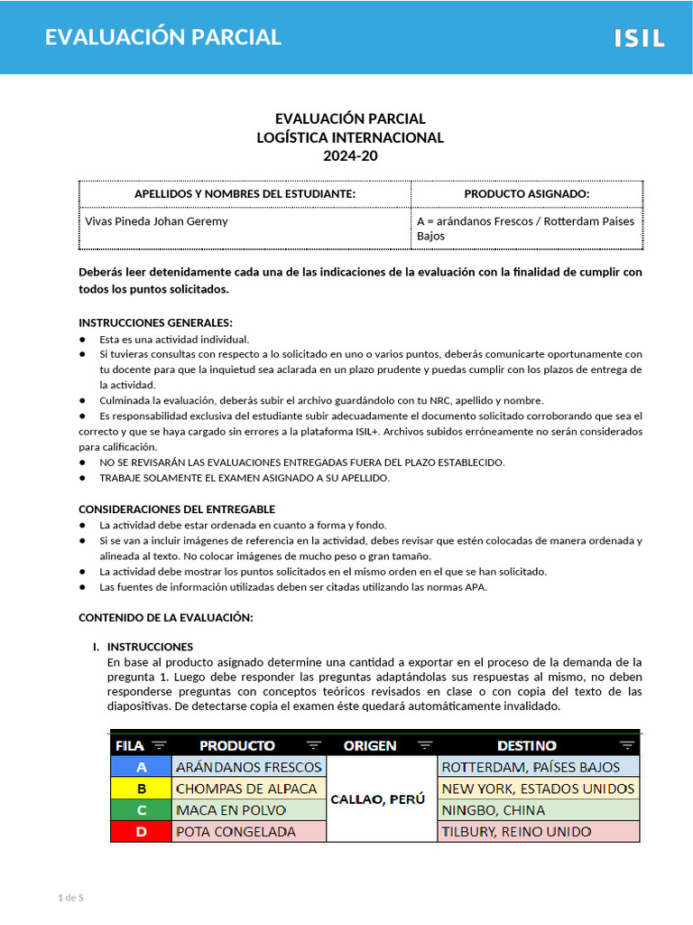 Evaluacion Parcial (Examen Escrito) Individual 2773 - Johan Vivas | PDF | Logística | Calidad ...