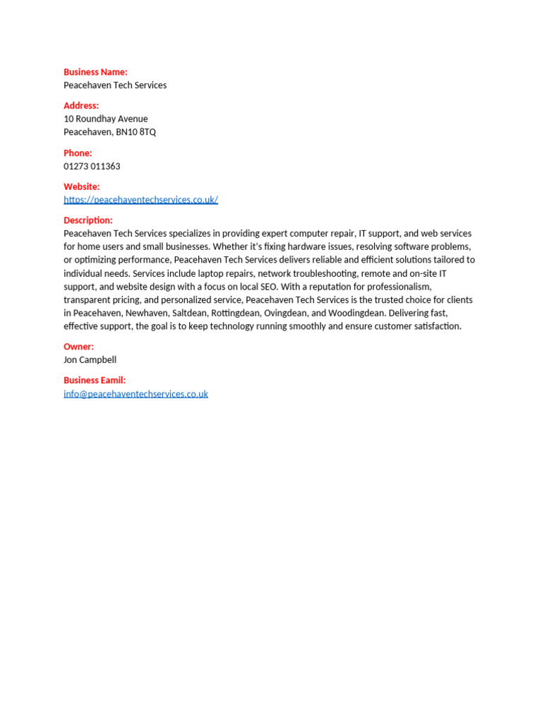 Peacehaven Tech Services | PDF