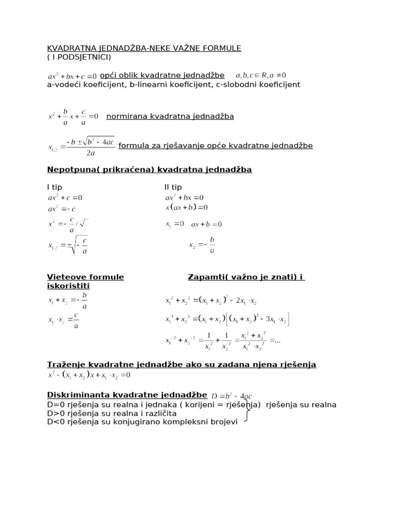 KVADRATNA JEDNADZBA-podsjetnik | PDF