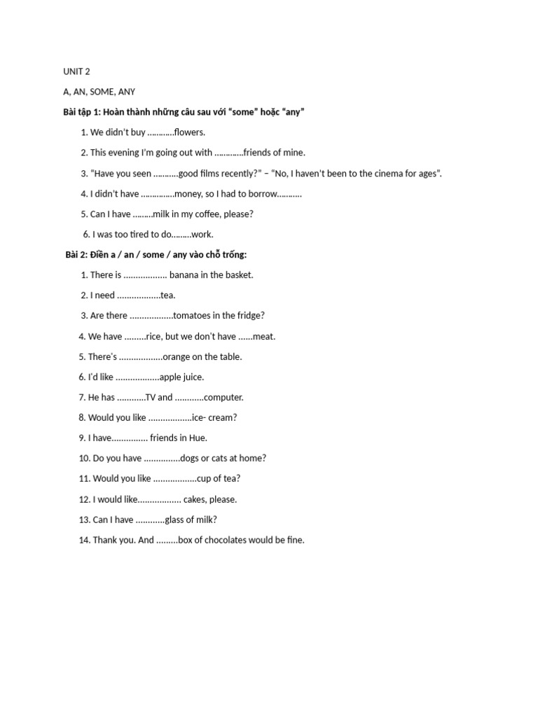Lớp 7 - Unit 1 - Bài Tập a,An,Some,Any | PDF