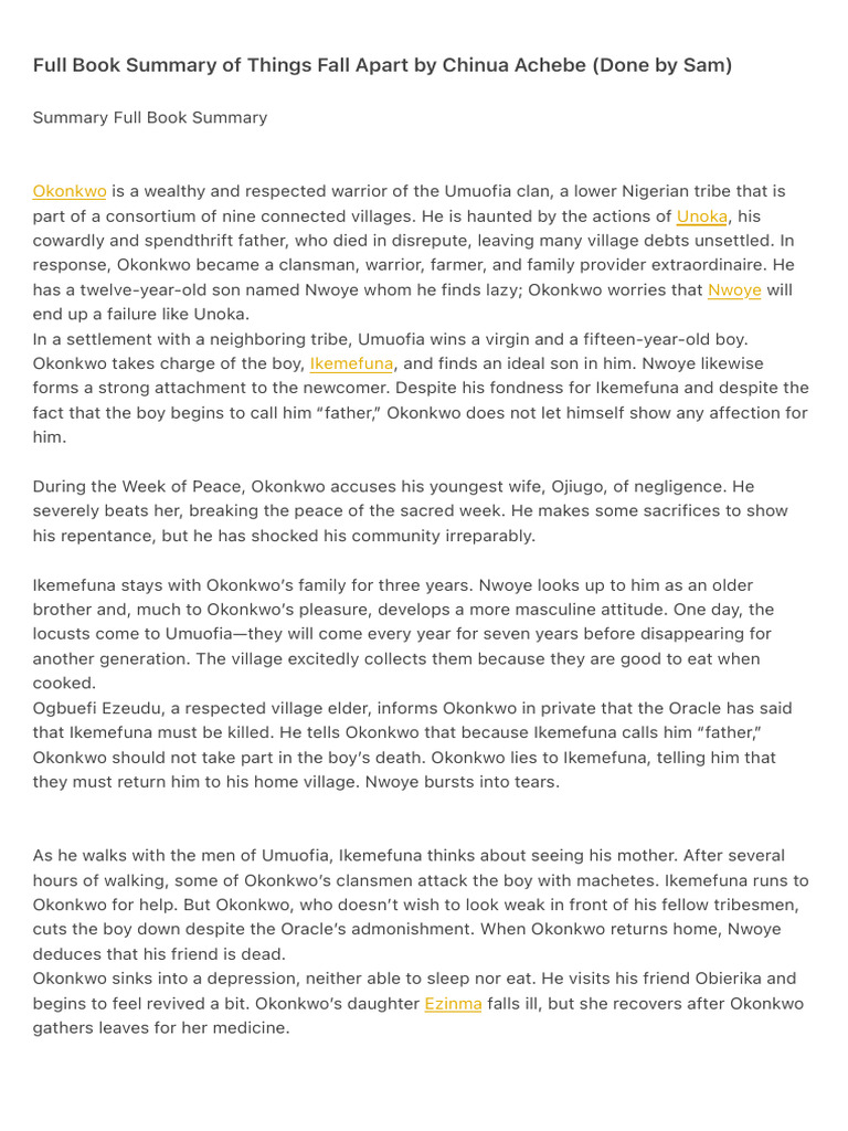 Full Book Summary of Things Fall Apart by Chinua Achebe (Done by Sam | PDF