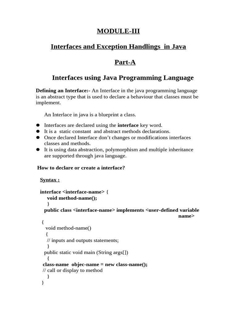 Java Interfaces and Exception Handling Guide | PDF | Class (Computer Programming) | Method ...