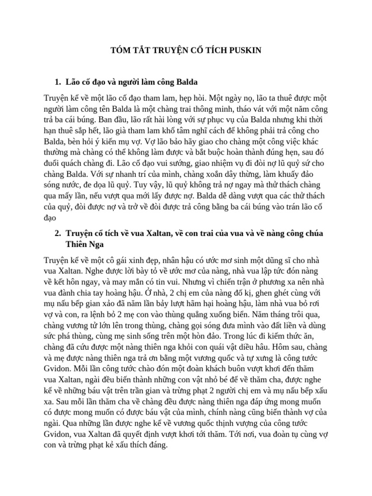 TÓM TẮT TRUYỆN CỔ TÍCH PUSKIN | PDF