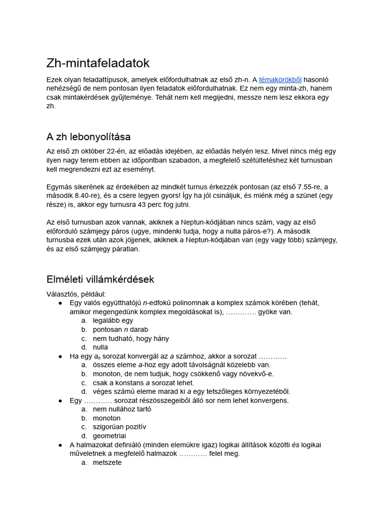 ZH Mintafeladatok | PDF