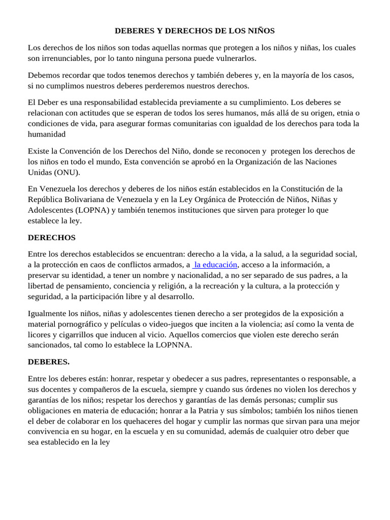 Deberes Y Derechos De Los Niños Pdf Derechos De Los Niños Etica