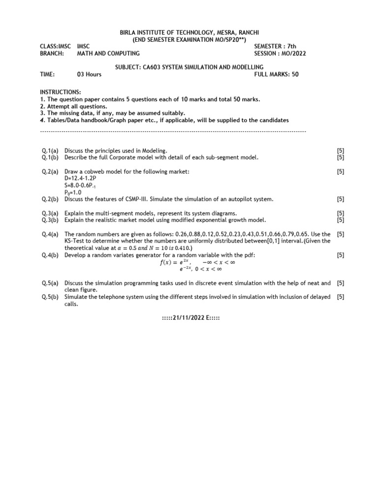 Ca603 System Simulation and Modelling (End - Mo22) | PDF | Probability Theory | Statistical Theory