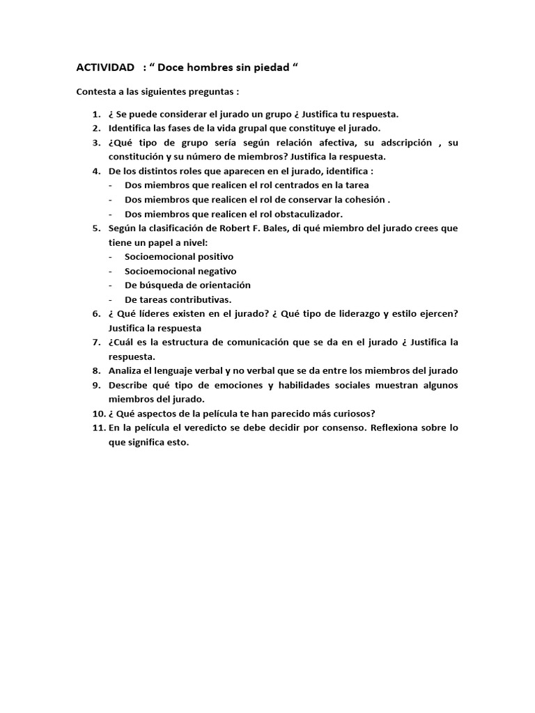 Actividad Doce Hombres Sin Piedad | PDF