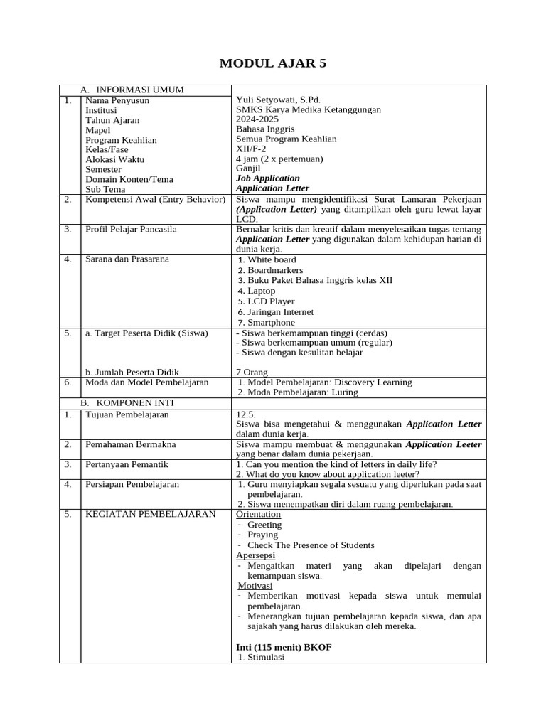 Modul Ajar B. Inggris XII - Application Letter | PDF