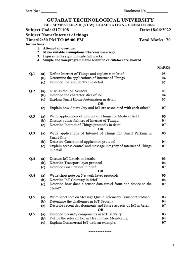 Iot Paper Gtu All | PDF | Internet Of Things | Network Architecture