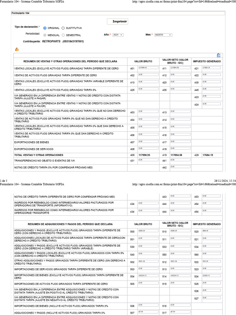 Formulario 104 - Sistema Contable Tributario SOFIA-......... AGOSTO ...