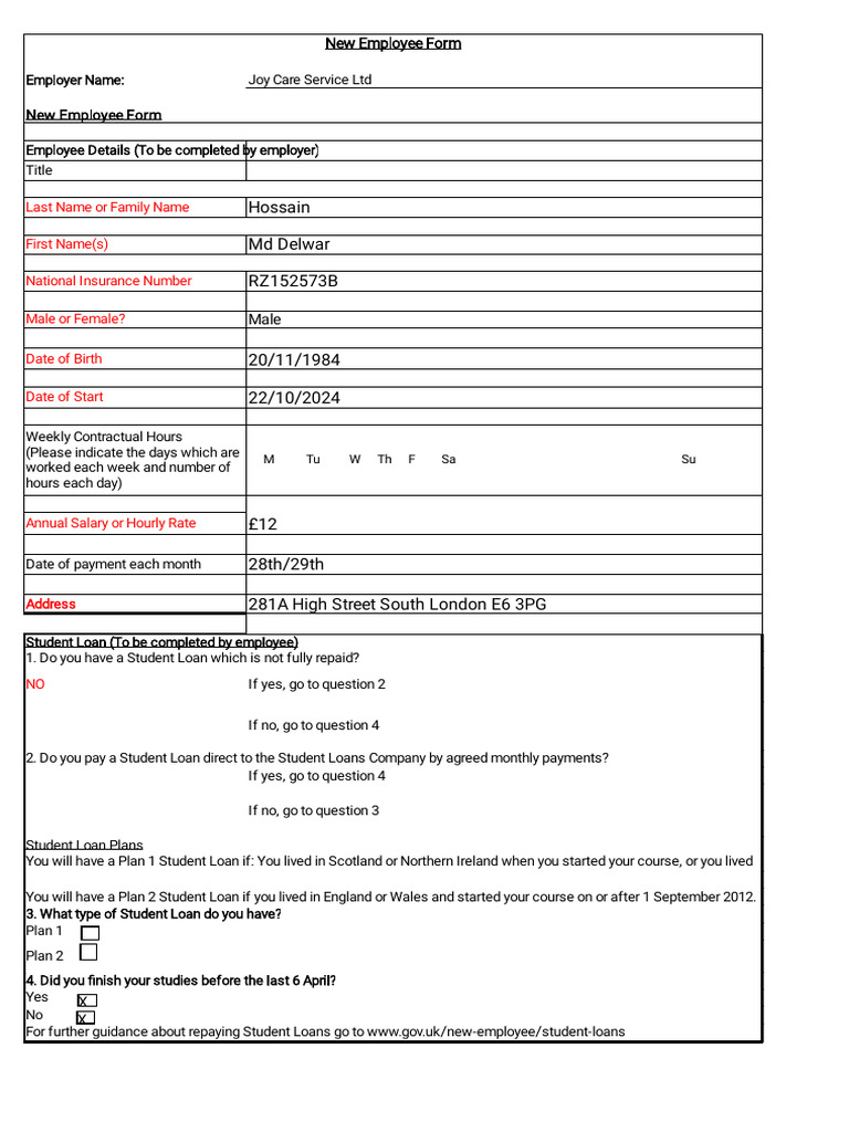 New Starter Form Joy Care | PDF | Student Loan | Loans