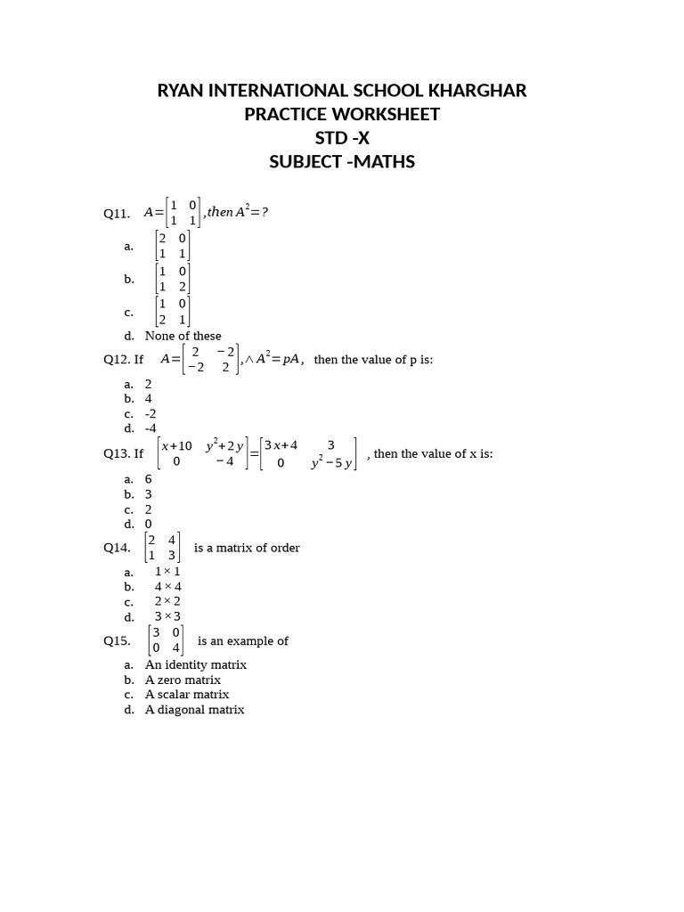 Ryan International School Kharghar Practice Worksheet STD - X Subject - Maths | PDF