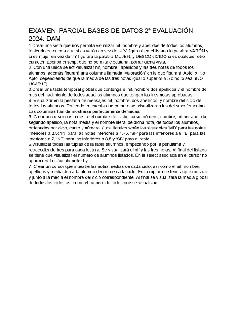 Examen Parcial BD Eval 2 2024 DAM | PDF | Informática | Programación de computadoras