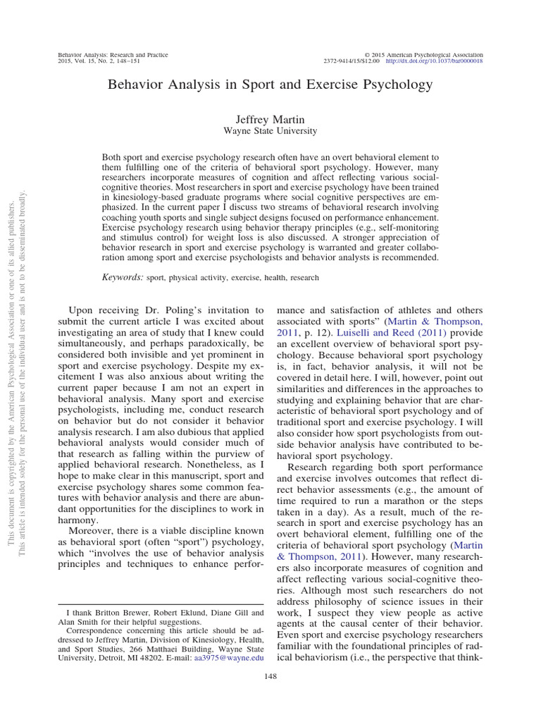Behavior Analysis in Sport and Exercise Psychology | PDF | Psychology ...