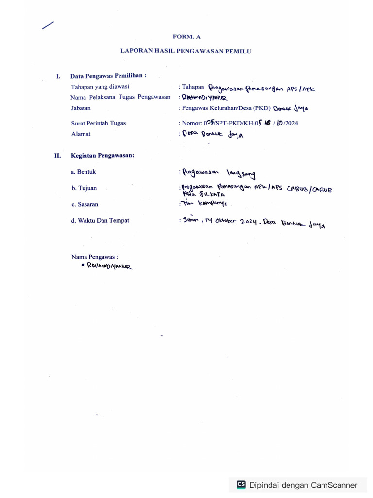 Form A Pengawasan Aps, Apk Bentuk Jaya | PDF