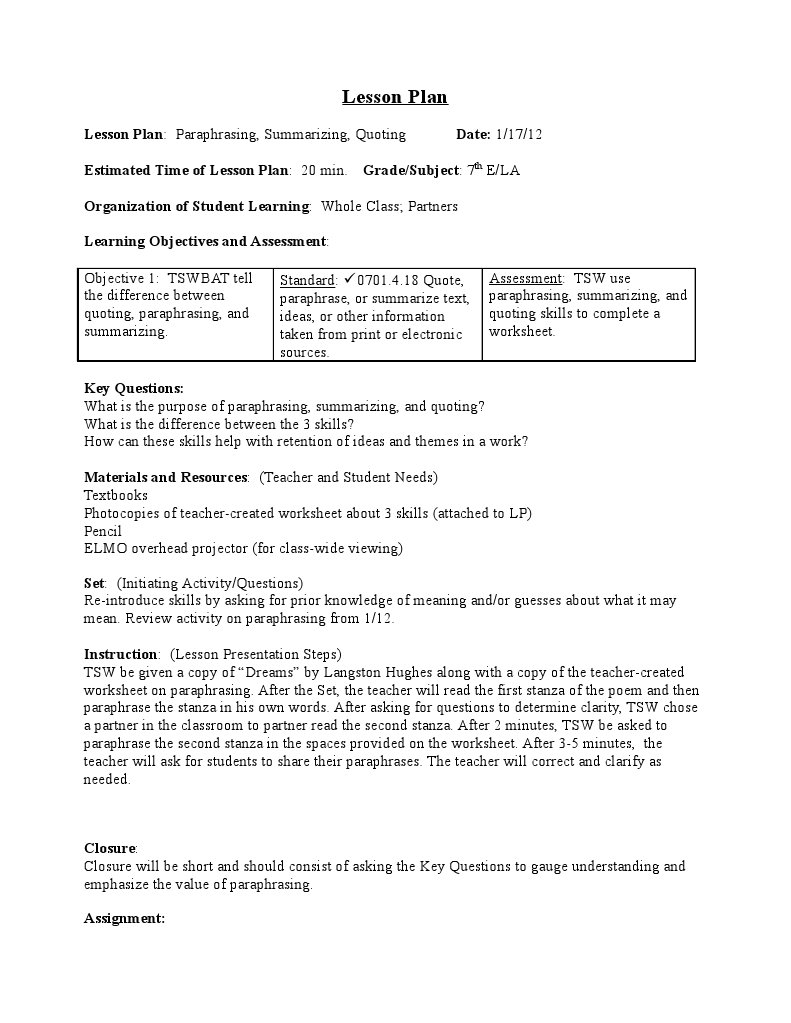 Paraphrasing Lesson Plan for "Dreams" | PDF | Lesson Plan | Educational ...