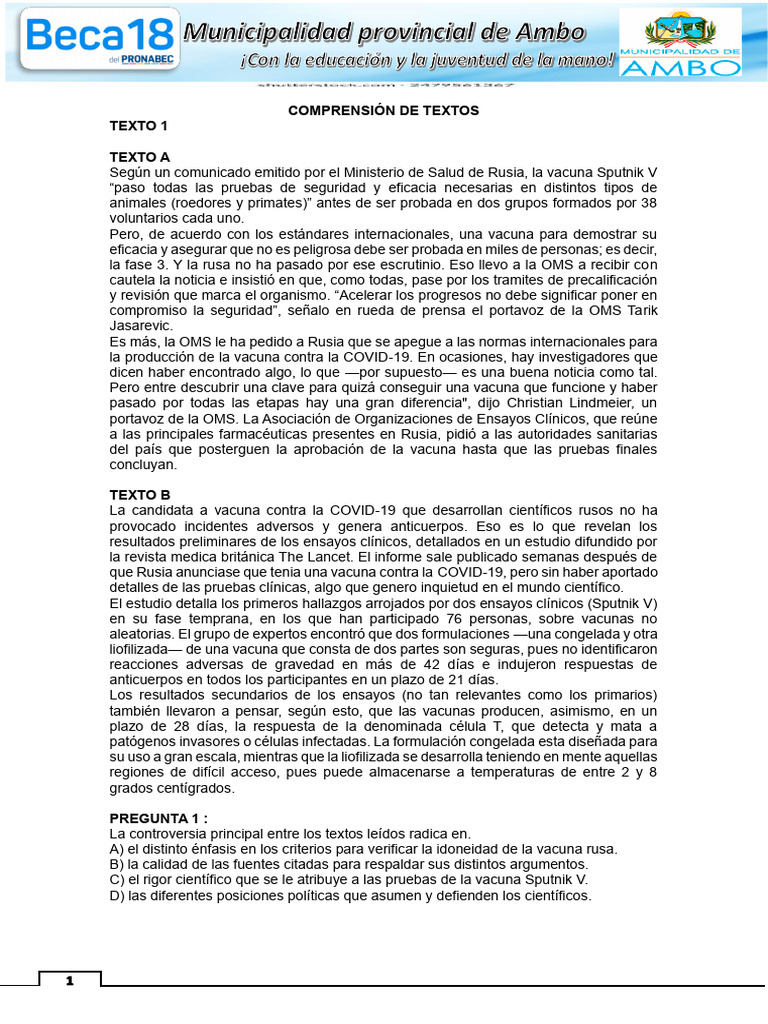 Comprensión de Textos - Beca 18 | PDF | Dialecto | Pensamiento