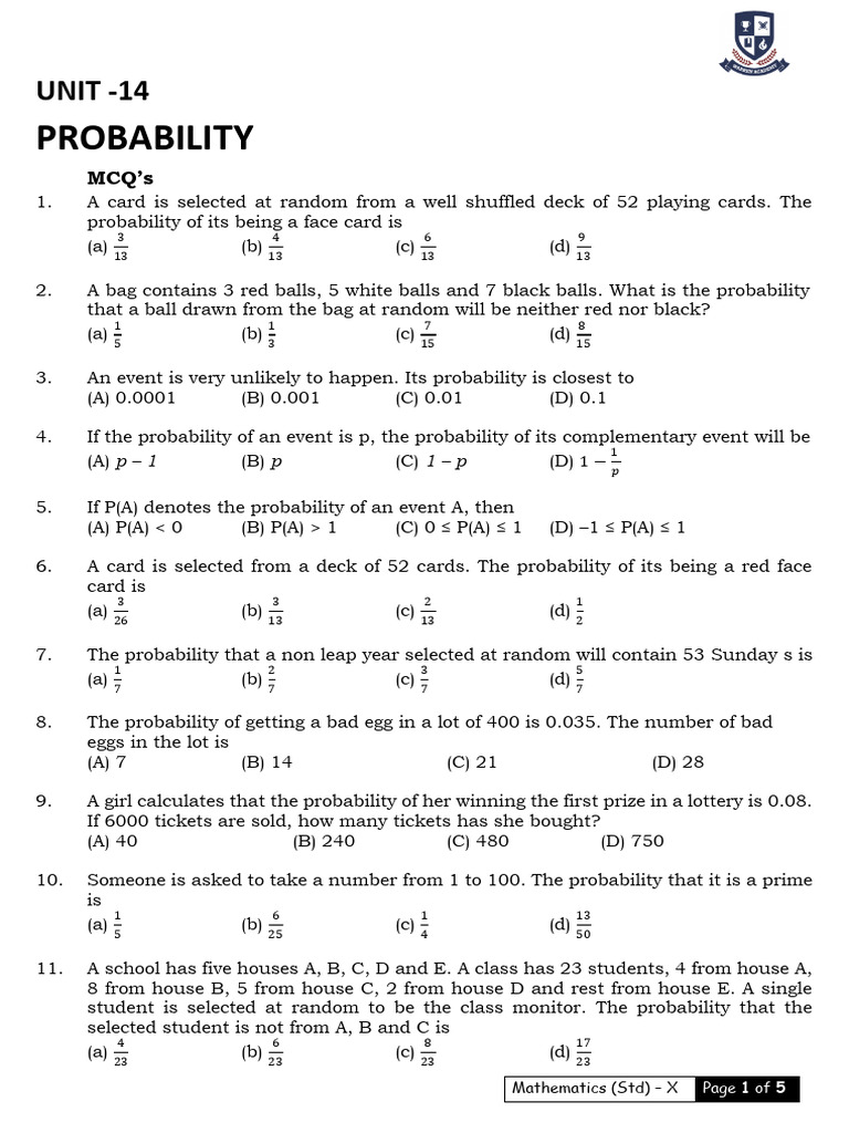 Ch. 14 (Probability) Class X Maths. | PDF | Probability | Dice