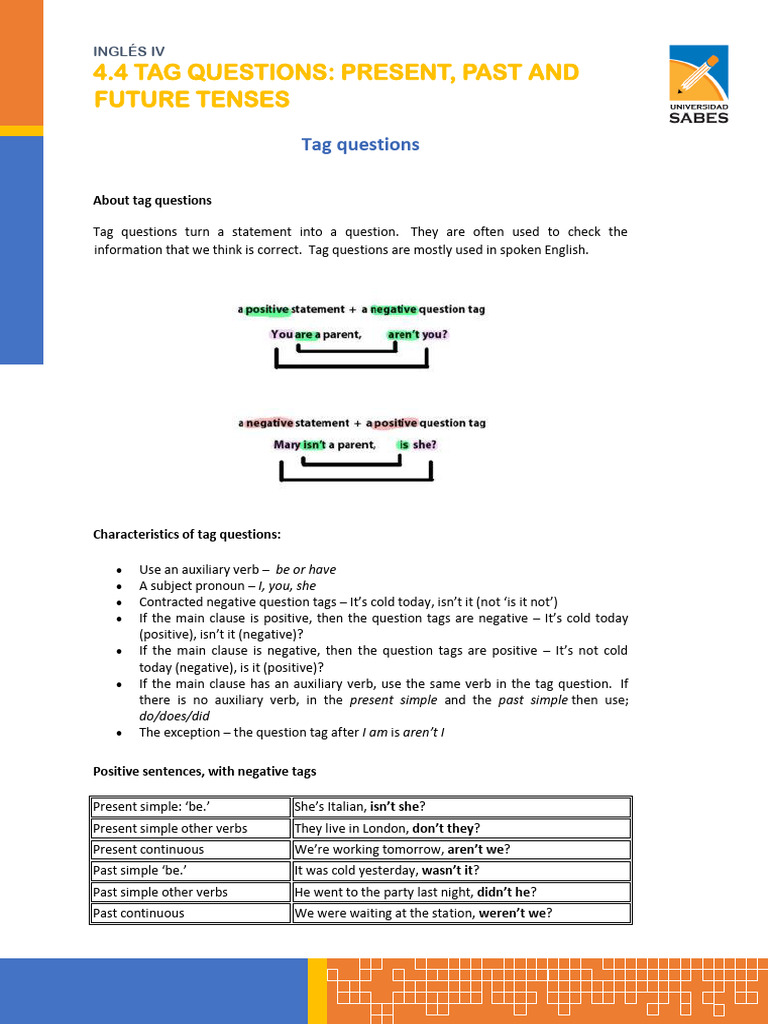 4.4 Tag Questions Present, Past and Future Tenses | PDF | Question | Verb