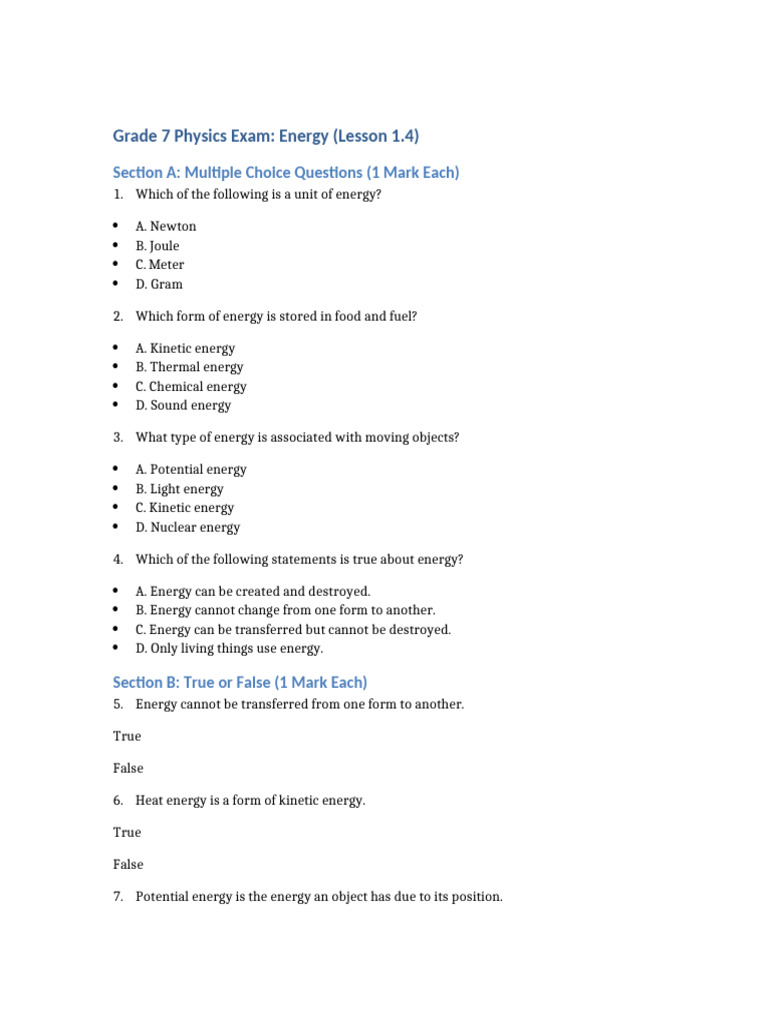 Grade 7 Physics Exam Energy | PDF