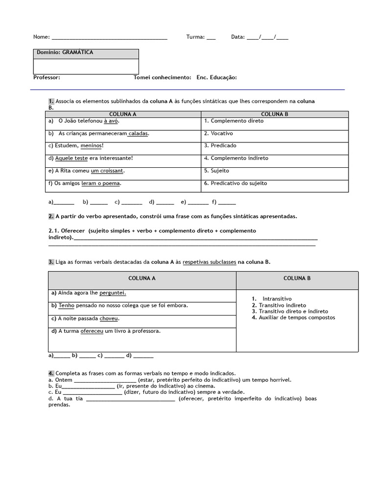 Ficha 2 Portugues 8 Ano Funcoes Sintaticas Subclasse e Tempos Dos Verbos | PDF | Assunto ...