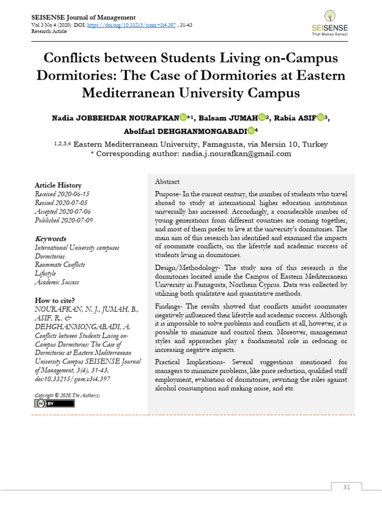 Conflicts Between Students Living On Campus Dormitories The 22qtsyfp27 | PDF | Survey ...