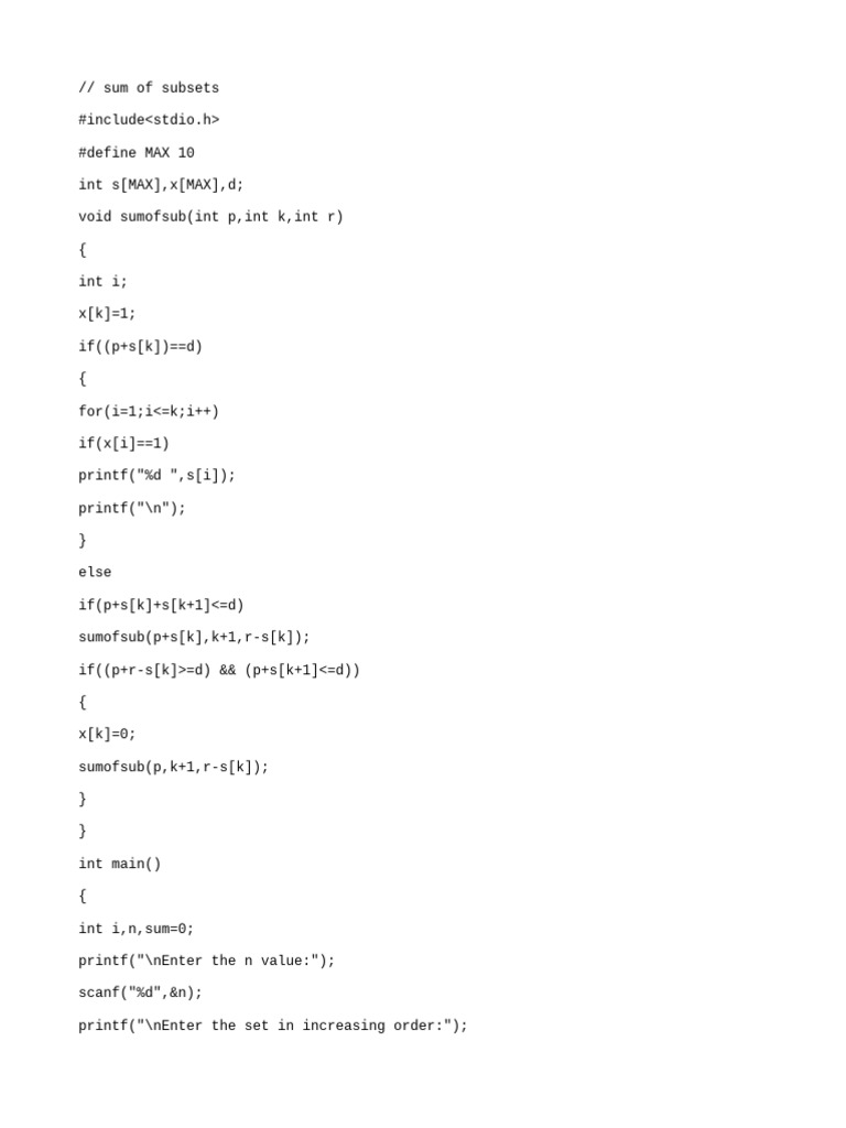 Sum of Subsets Algorithm in C | PDF