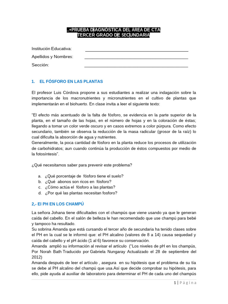 EVALUACIÓN DIAGNÓSTICA CTA 3º Imprimir | PDF | Dióxido de carbono | Bicarbonato de sodio
