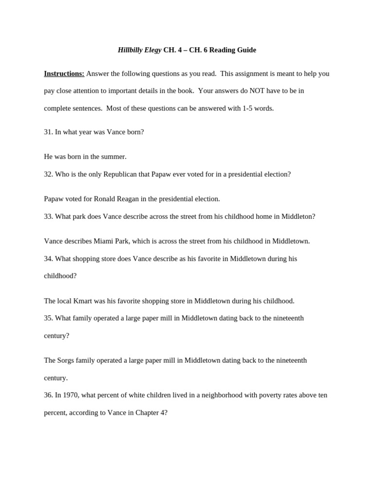 Hillbilly Elegy CH 4 To CH 6 Reading Guide | PDF