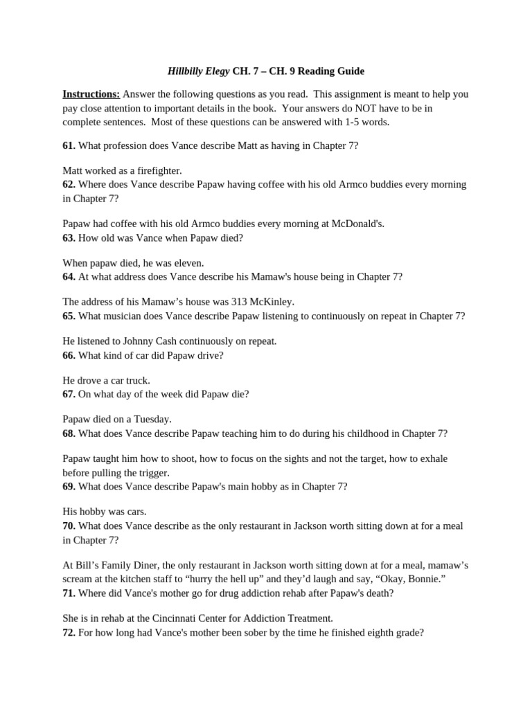 Hillbilly Elegy CH 7 To CH 9 Reading Guide | PDF