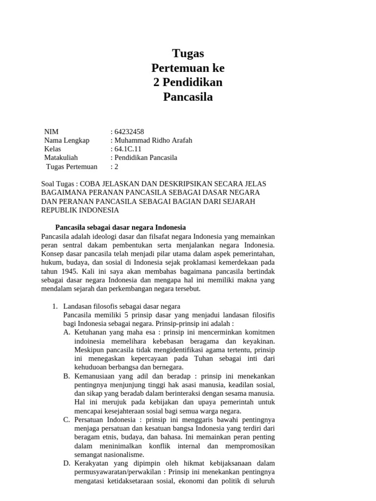 Tugas Individu Pendidikan Pancasila Manajemen Muhammad Ridho Arafah 64.1C.11 | PDF