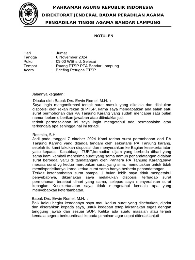 Briefing PTSP: Keterlambatan Surat PA Tanjung Karang | PDF