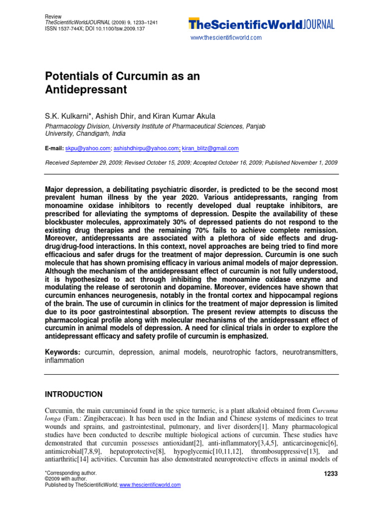 Potentials of Curcumin As An Antidepressant | PDF | Major Depressive ...