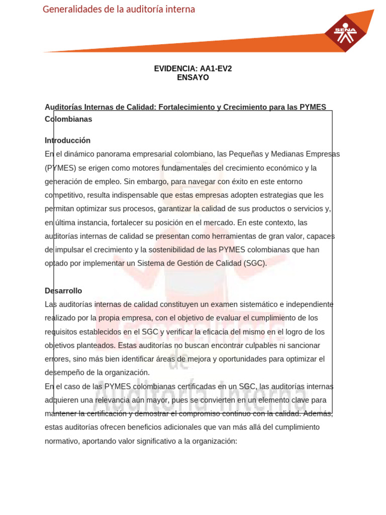 Formato Evidencia AA1 Ev2 Ensayo | PDF | Calidad (comercial) | Pequeñas y medianas empresas