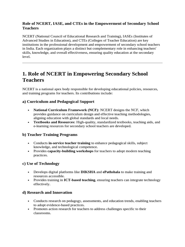 Role of NCERT, IASE and CTEs in Empowering Secondary Teachers | PDF ...