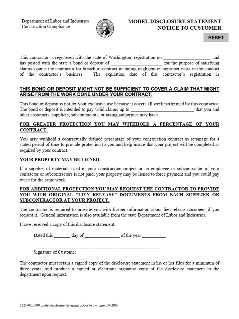 Washington Model Disclosure Statement | PDF | Business | Private Law