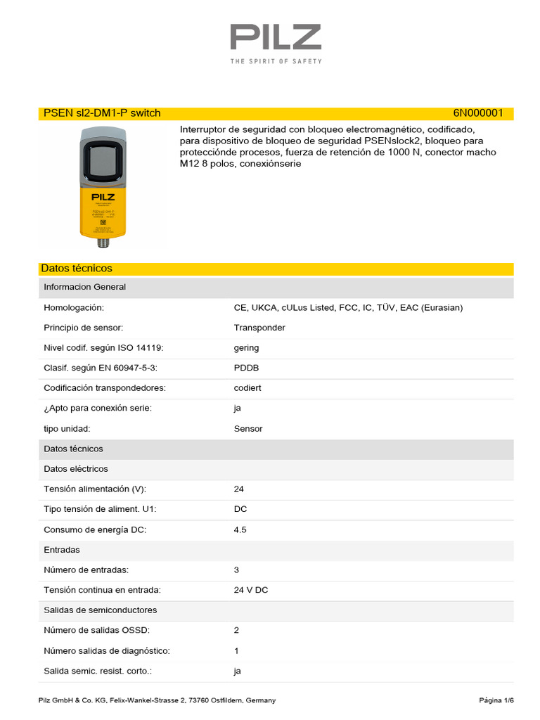 Psen Sl2-Dm1-P Switch 6N000001: Pilz GMBH & Co. KG, Felix-Wankel ...
