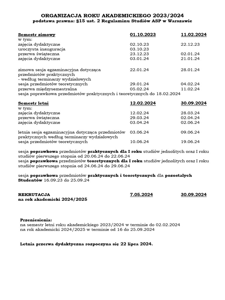 Organizacja Roku Akademickiego 2023 2024 | PDF