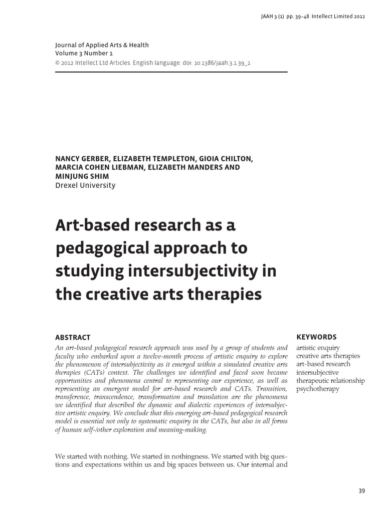 Art-Based Research As A Pedagogical Approach To Studying Intersubjectivity in The Creative Arts ...