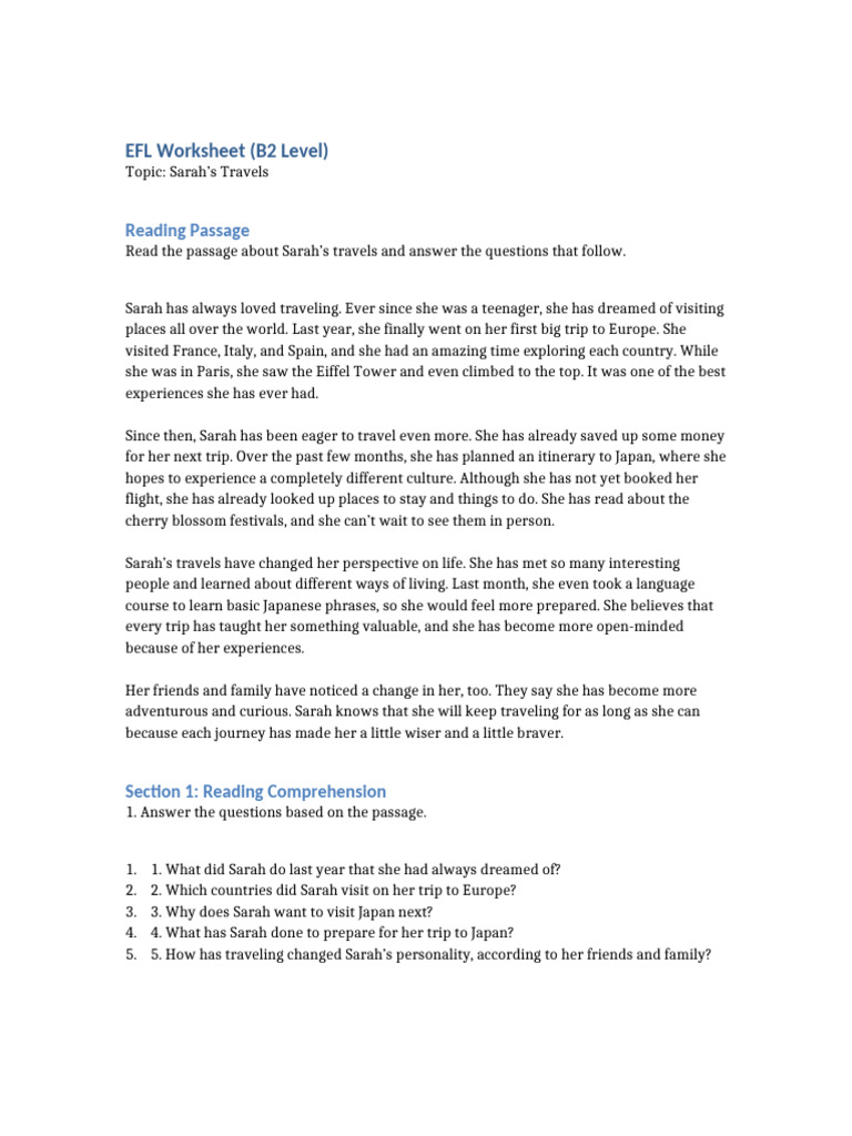 12 EFL - Worksheet - Sarah - Travels | PDF