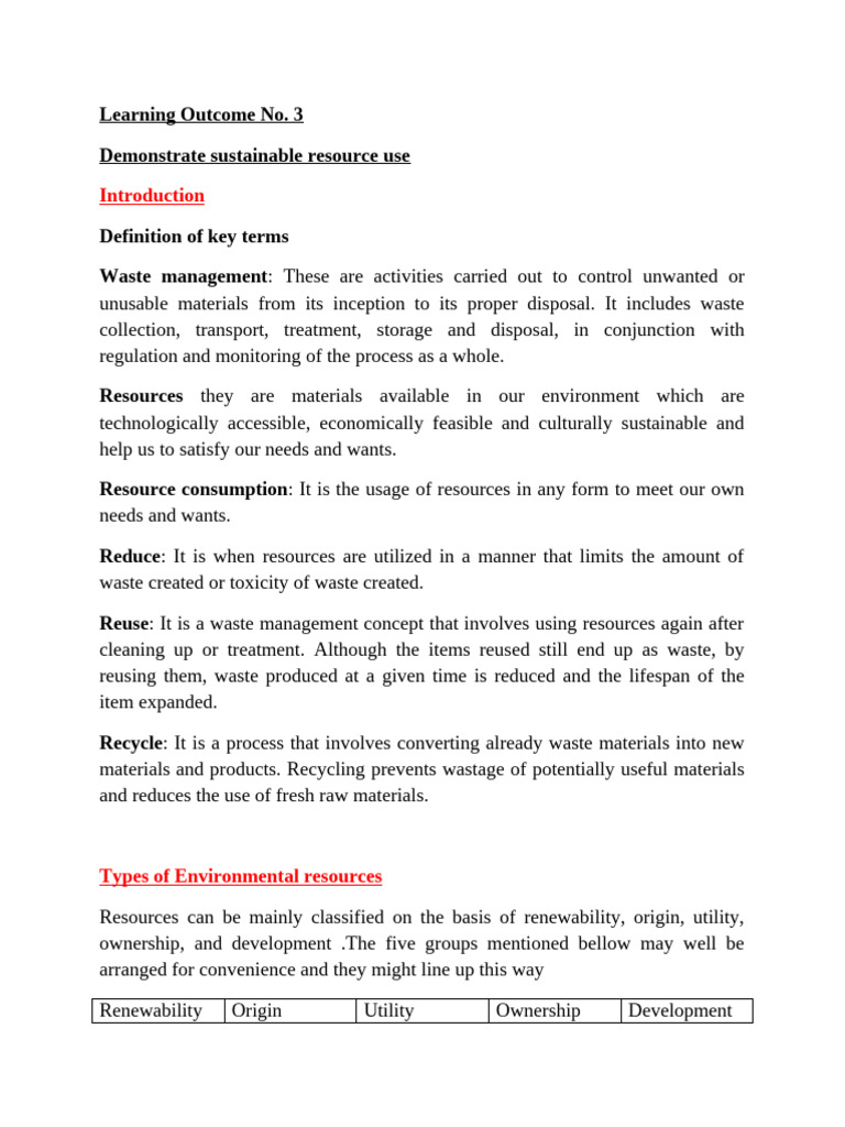 Learning Outcome No. 3-SUSTANABLE RESOURCE USE | PDF | Recycling ...