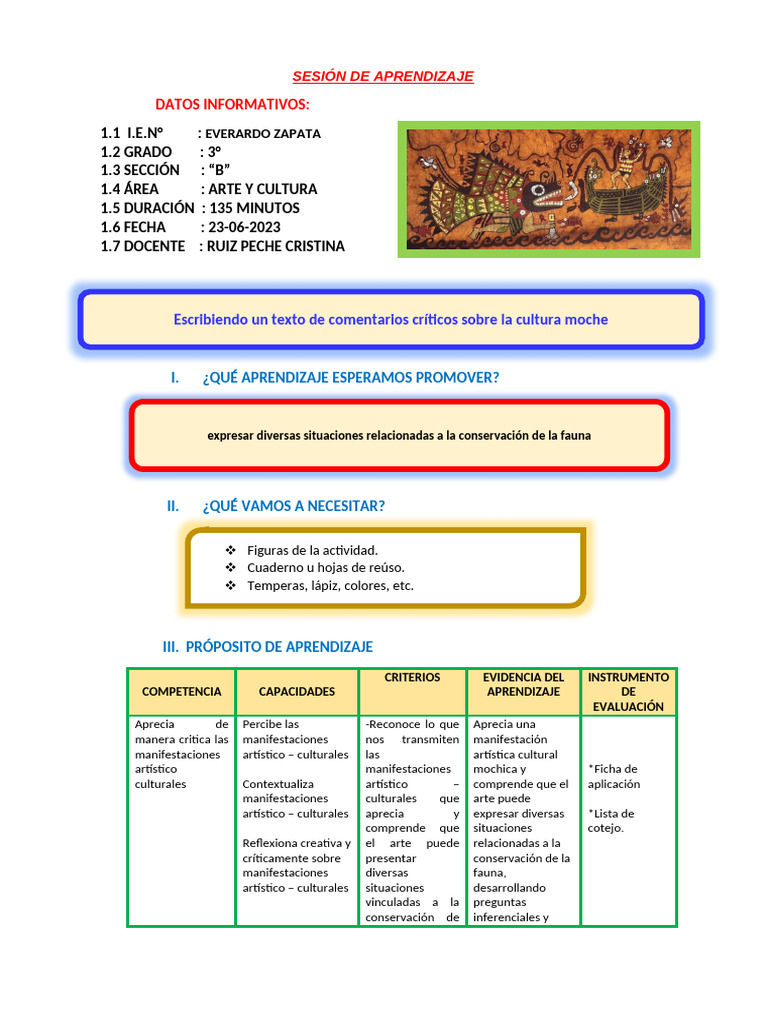 Sesión de Aprendizaje Cultura Moche | PDF | Aprendizaje | Evaluación