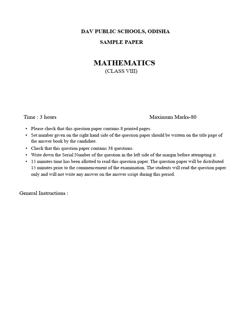Sample Paper STD - 8 Math | PDF | Mathematics | Euclidean Geometry