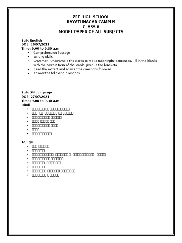 Class 6 Model Paper | PDF