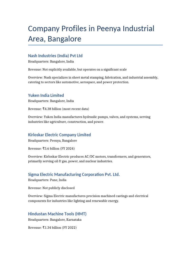 Company Profiles: Peenya Industrial Area | PDF