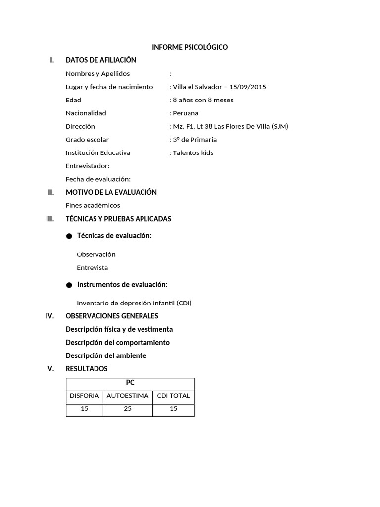 Informe Psicológico Cdi Lia | PDF