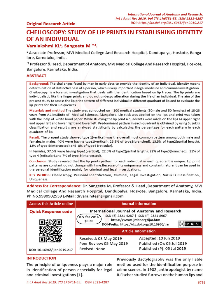 Cheiloscopy: Study of Lip Prints in Establishing Identity of An ...